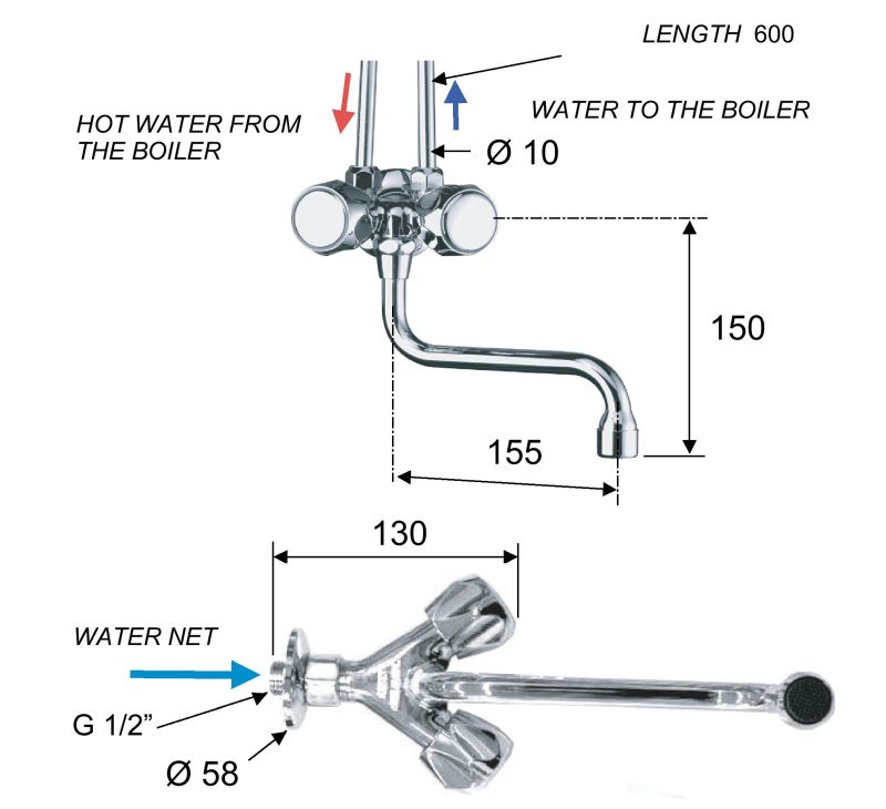 Wall mounted mixer tap for water heater fed water - NotJustTaps.co.uk